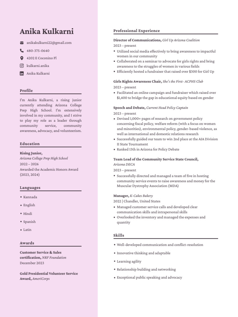 2024-25 Resume Anika Kulkarni | PDF