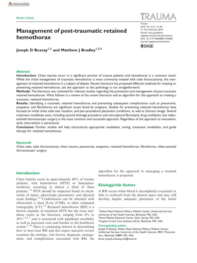 Management of Post-Traumatic Retained Hemothorax: Joseph D Bozzay and ...