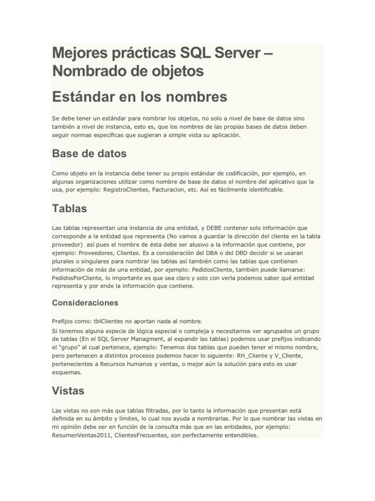 Sugerencias de Nombres para Prácticas SQL | PDF | Servidor SQL de Microsoft | Tabla (base de datos)