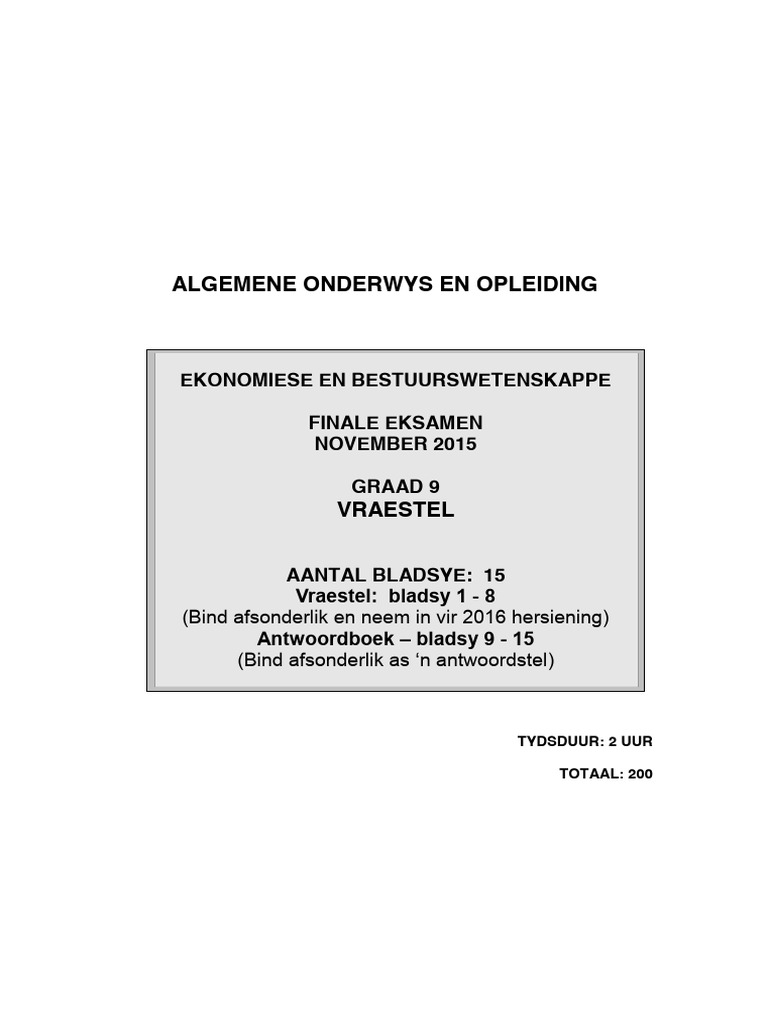 Algemene Onderwys en Opleiding BEK & REK November 2015 Vraestel en Memo ...