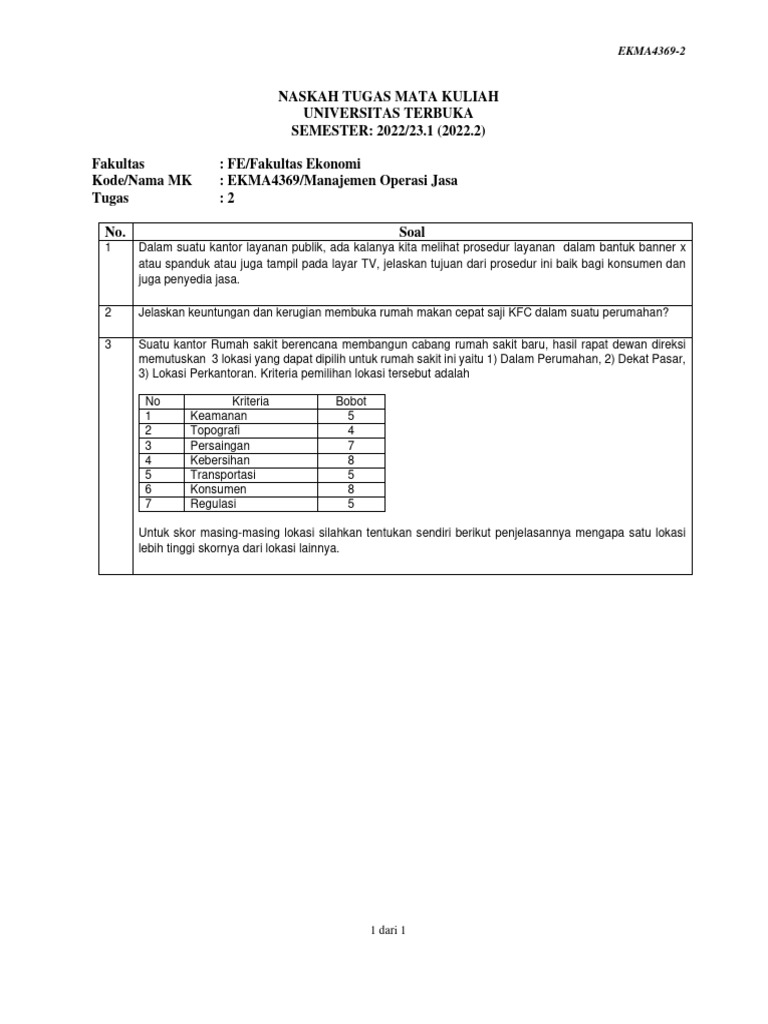 Soal TMK 2 - Manajemen Operasi Jasa | PDF