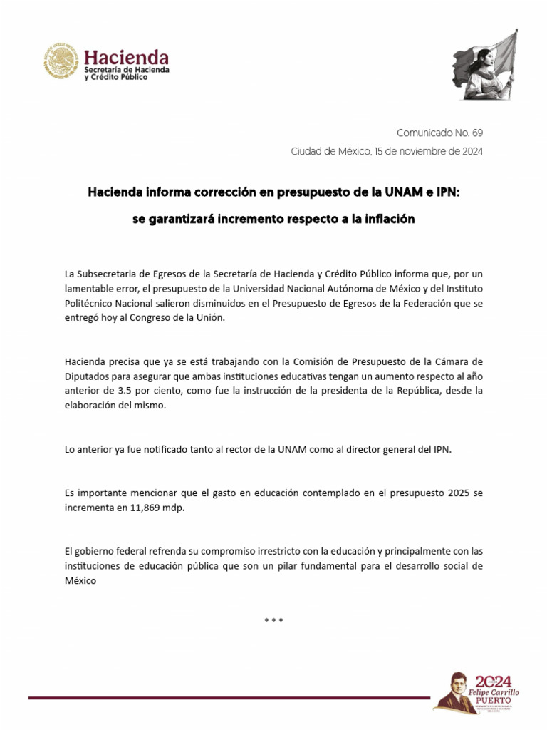 Comunicado No. 69 Hacienda Informa Correción en Presupuesto de La UNAM e IPN Se Garantizará ...