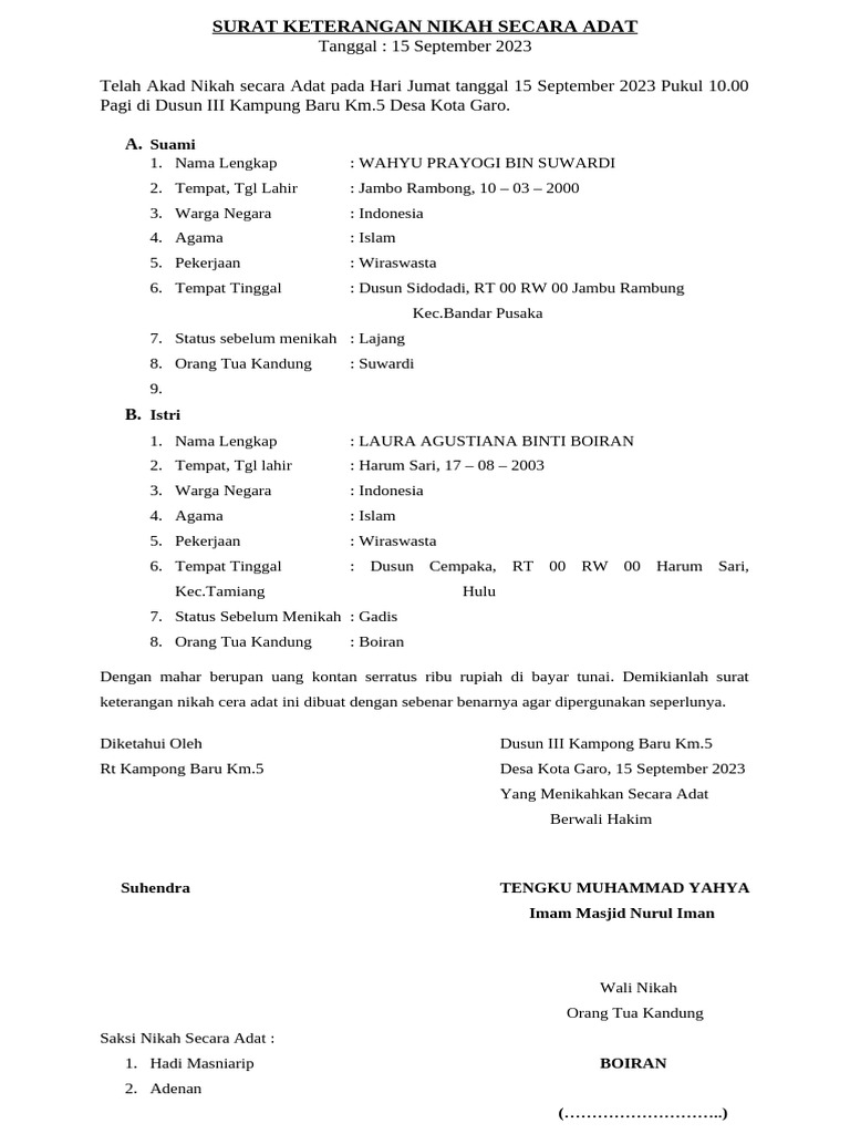Surat Keterangan Nikah Secara Adat | PDF