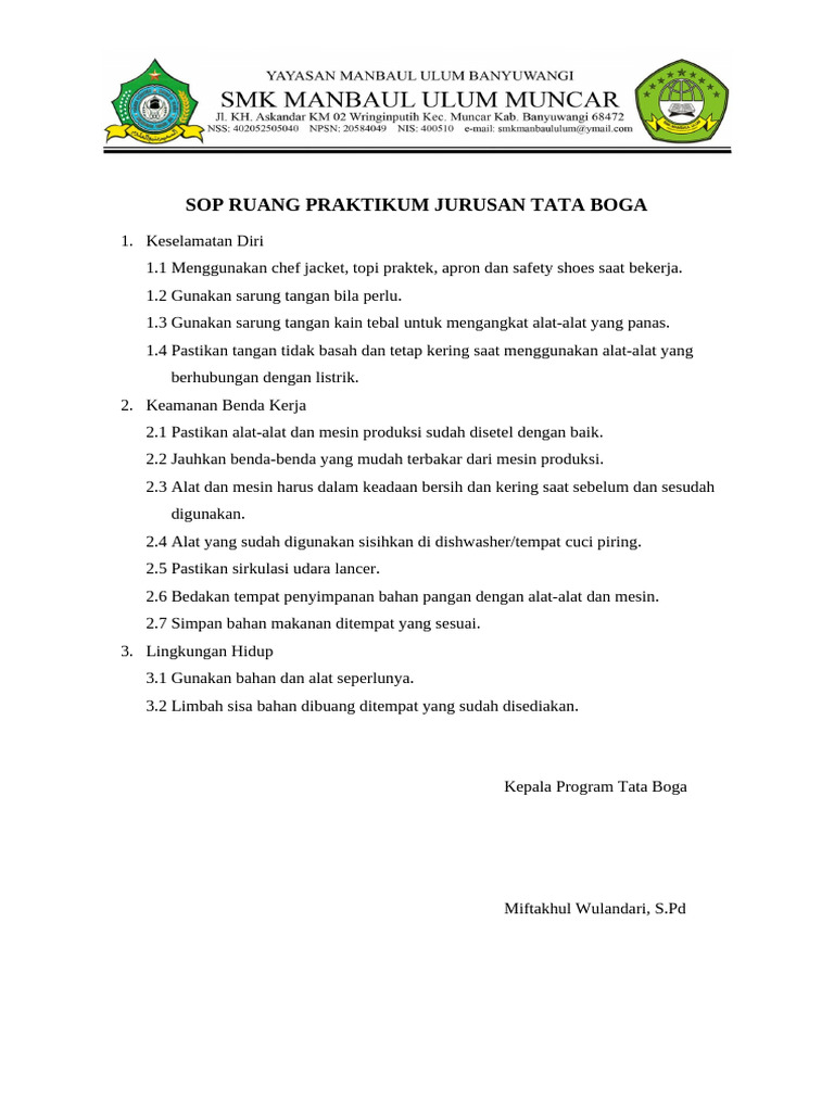 Sop Ruang Praktikum Jurusan Tata Boga | PDF