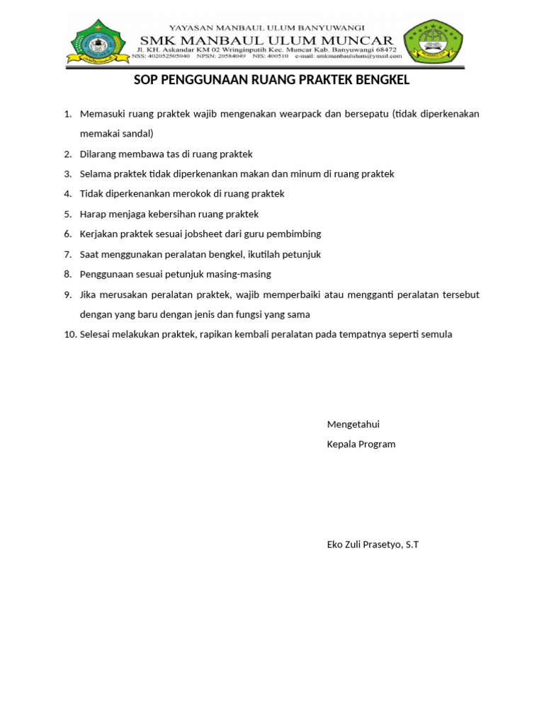 SOP & K3 Ruang Praktek Bengkel | PDF