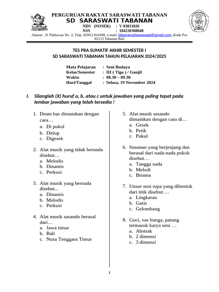 Soal Prasumatif - Seni Budaya - Kelas 3 SMT 1 | PDF
