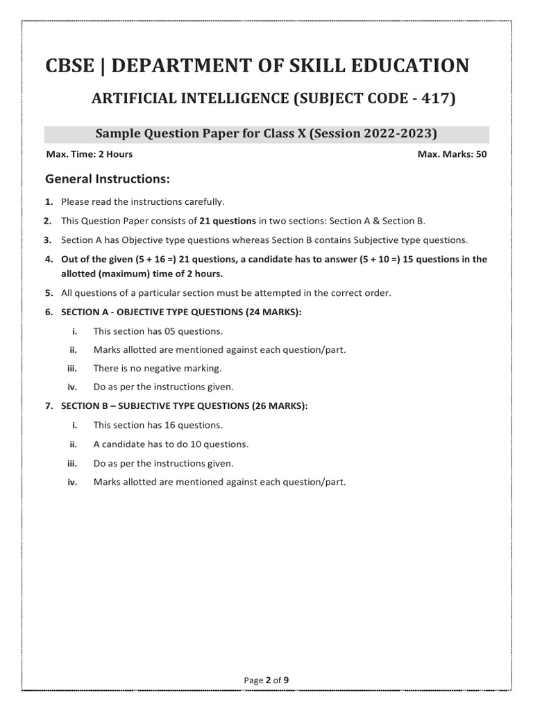 Cbse - Department of Skill Education: Artificial Intelligence (Subject ...