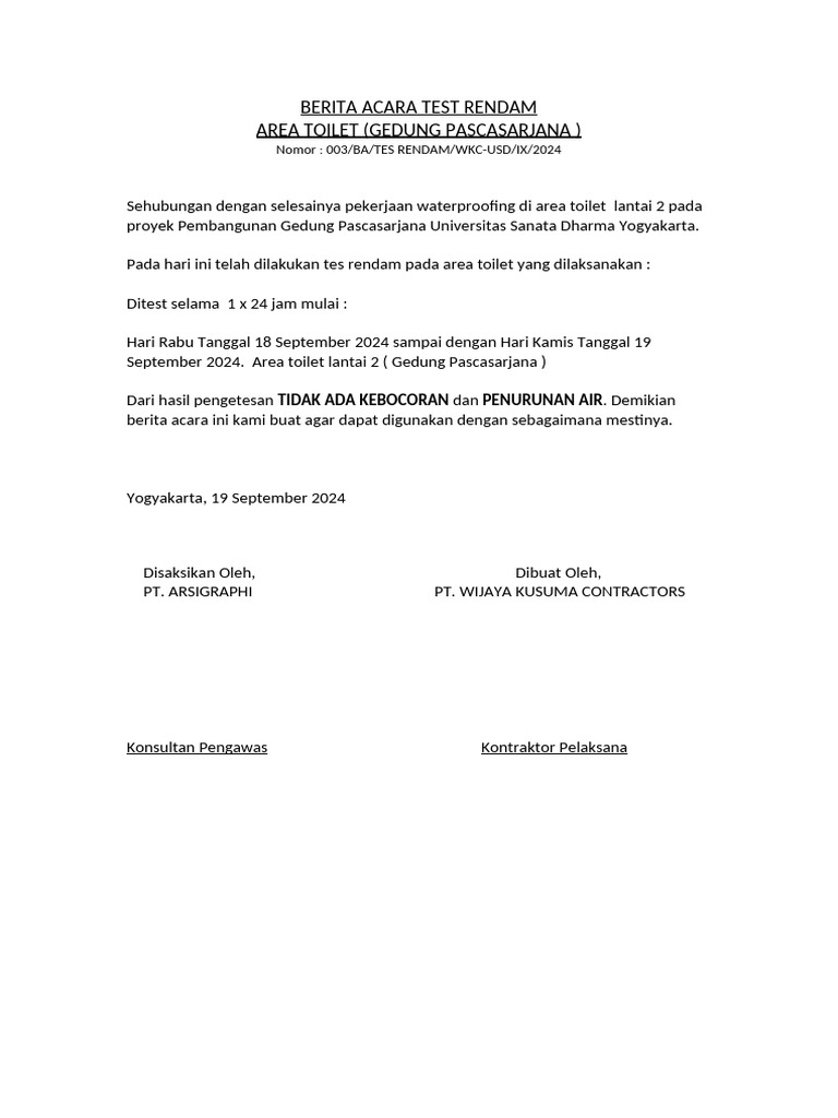 Berita Acara Test Rendam Area Toilet Lt. 2 | PDF
