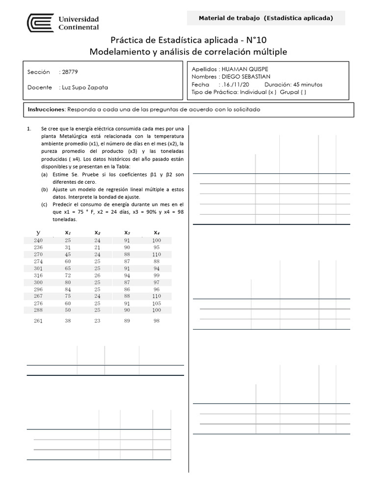 Diego Huaman Guía 10 | PDF | Regresión lineal | Coeficiente de determinación