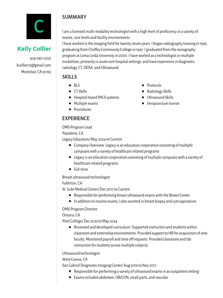Kelly Collier Resume 1113 | PDF | Radiology | Medical Imaging