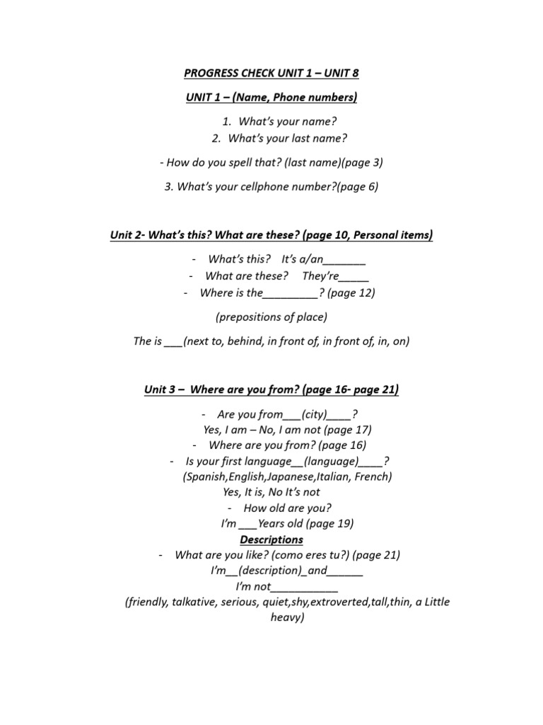 INTRO - PROGRESS CHECK Unit 1 - Unit 8 - Progress Check | PDF
