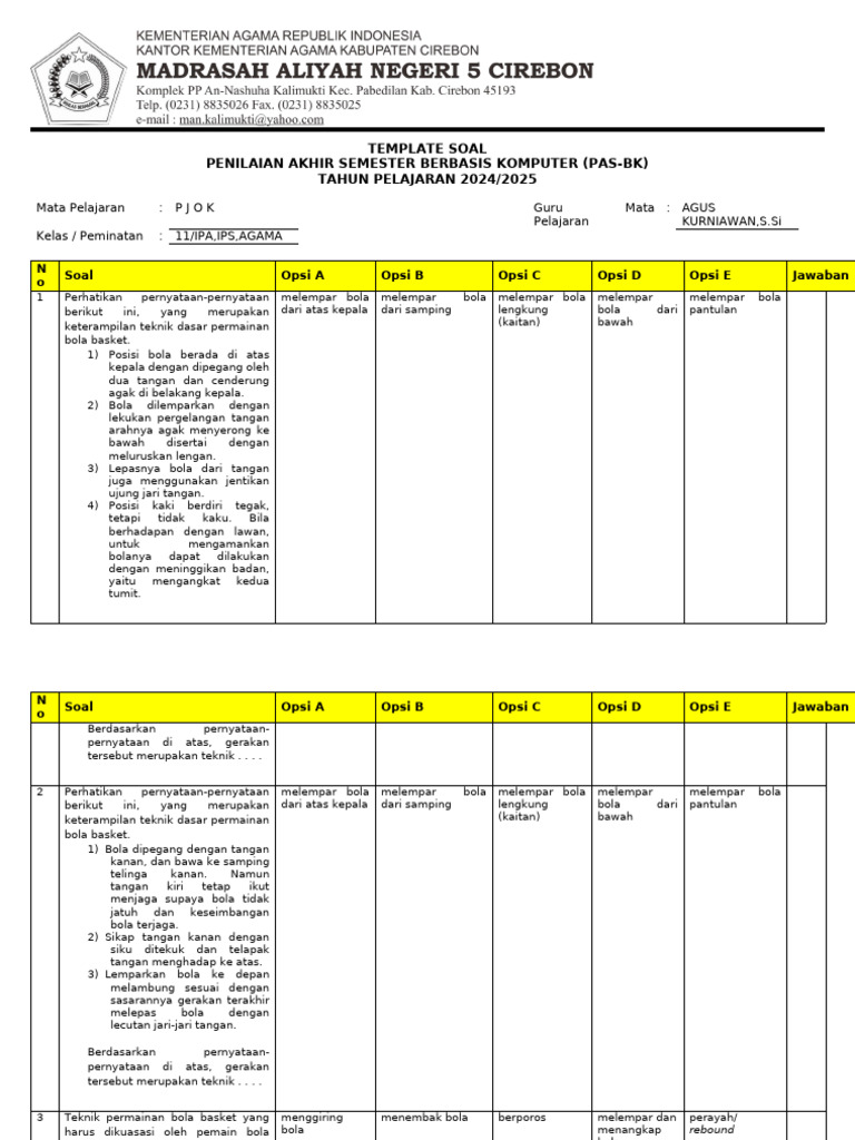Soal Penilaian Akhir PJK 2024/2025 | PDF