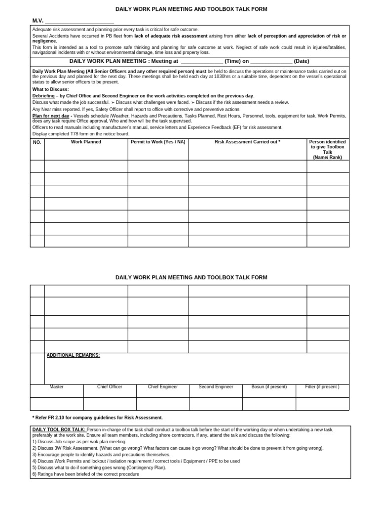 Daily Work Planning Meeting and Toolbox Talk Form | PDF | Occupational ...