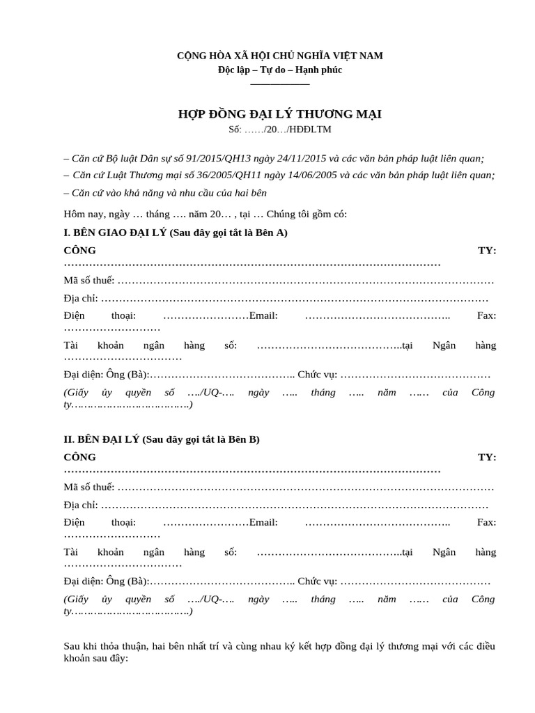 Hop Dong Dai Ly Thuong Mai | PDF