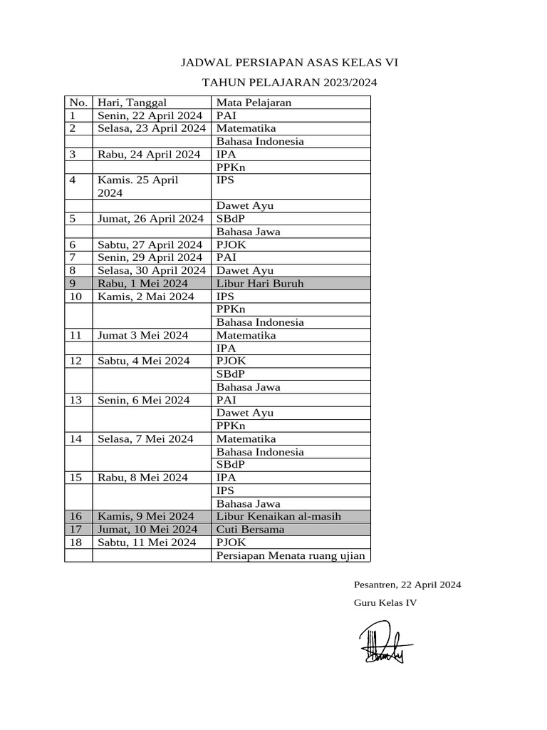 Jadwal Persiapan Asas Kelas Vi | PDF