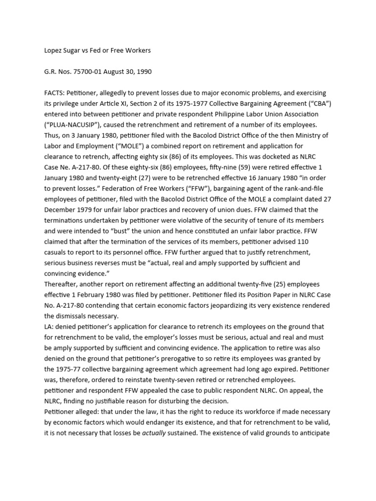 Lopez Sugar Retrenchment Case Analysis | PDF | Employment | Unfair ...