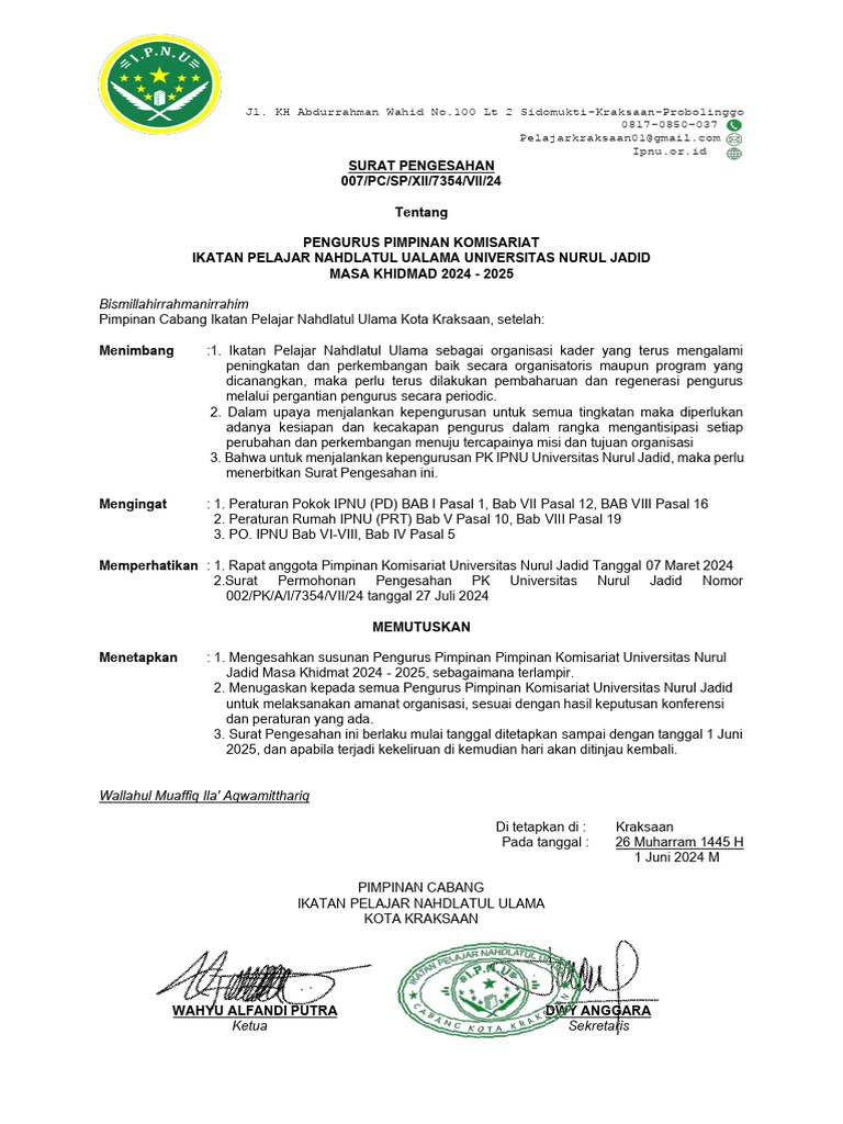 Surat Pengesahan PC Ipnu | PDF