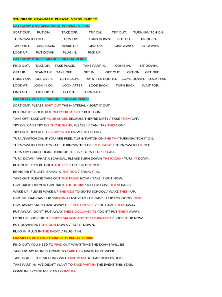 9th Grade 2024 Grammar On Phrasal Verbs | PDF