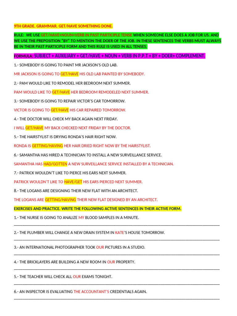 9TH Grade 2024 Grammar Get or Have STH Done. | PDF | Verb | Linguistic ...