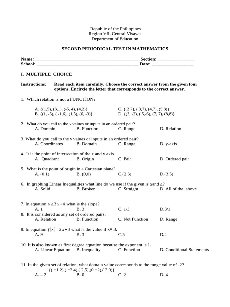 Q2 Summative Math | PDF | Cartesian Coordinate System | Function ...