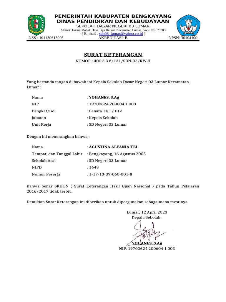 Surat Keterangan SKHUN SDN 03 Lumar | PDF