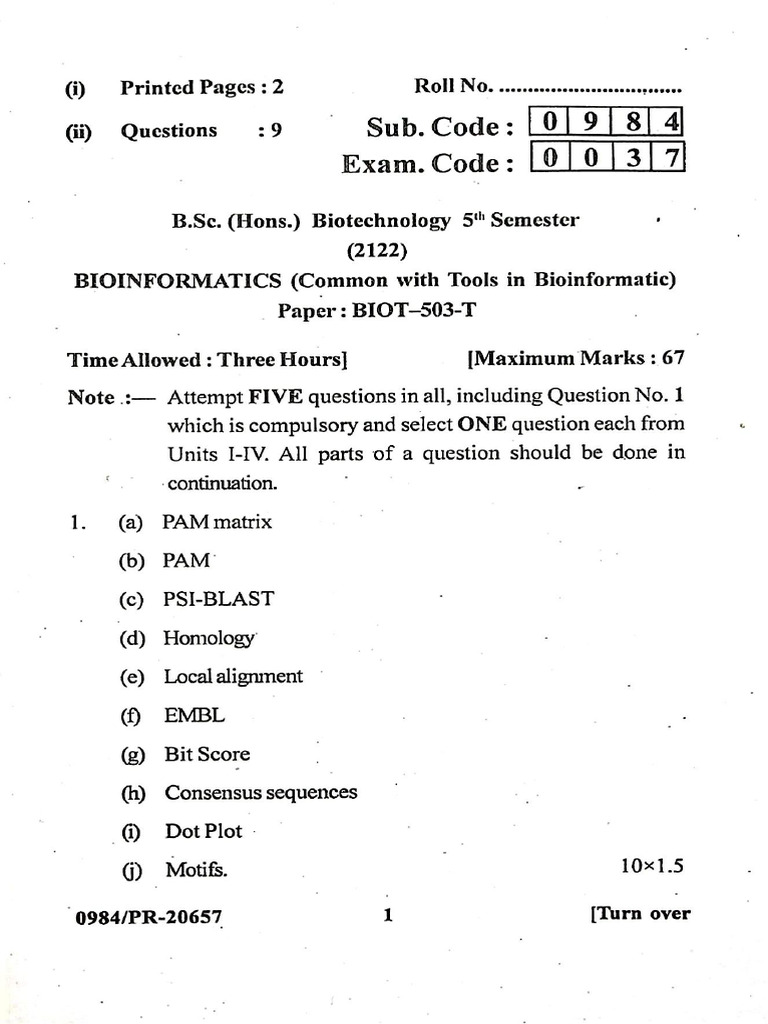 BSC - Biotechnology Hons - 5th Sem - BIOT-503-T - Bioinformatics Common ...