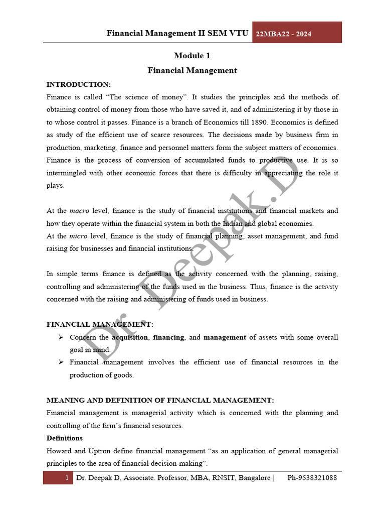 Financial Management II SEM VTU Financial Management: Macro Micro | PDF ...