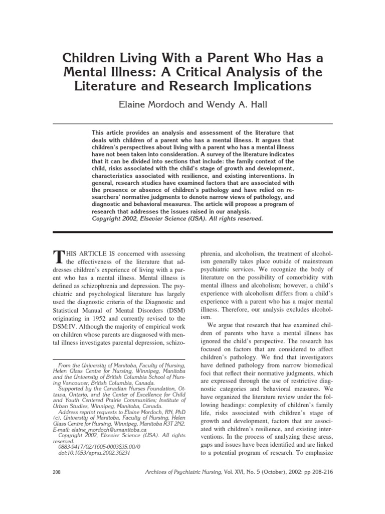 Children Living With A Parent Who Has A Mental Illness A Critical ...