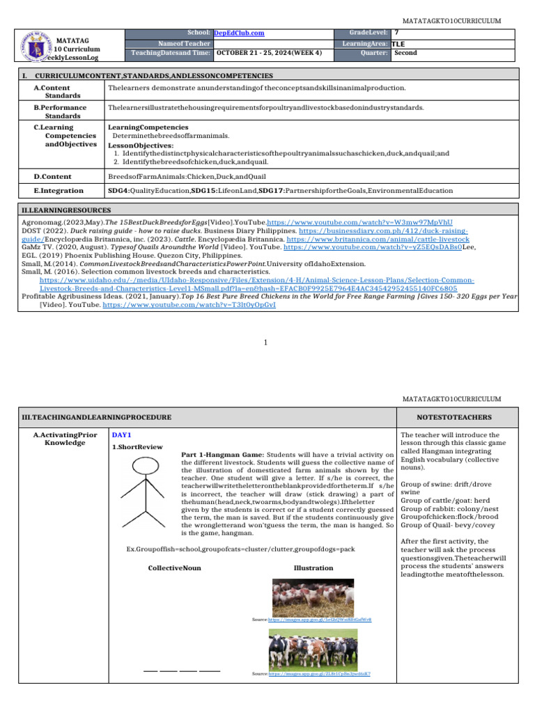 DLL Matatag - Tle 7 Q2 W4 | PDF | Chicken | Inbreeding