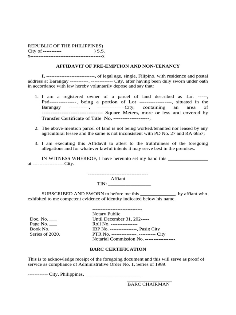 Affidavit of Non Tenancy | PDF | Affidavit | Renting