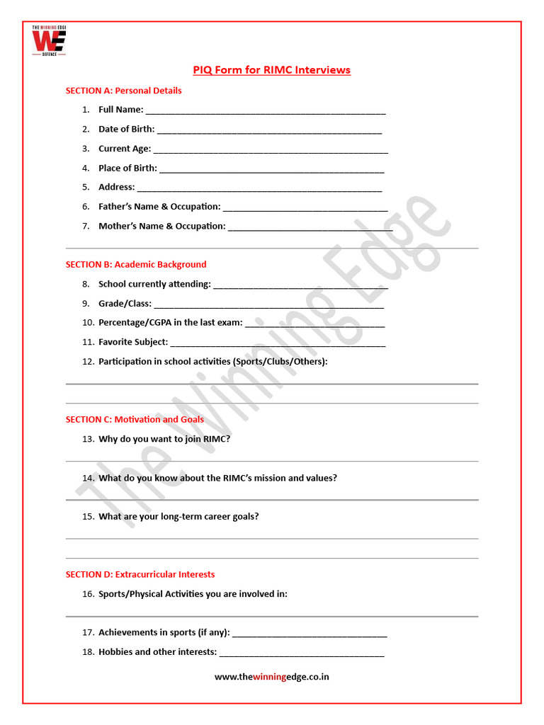 PIQ Form For RIMC Interviews | PDF | Behavior Modification | Cognition