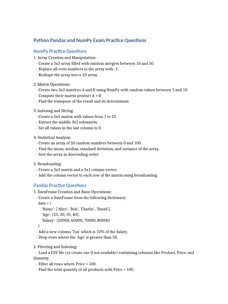 Pandas NumPy Practice Questions | PDF | Matrix (Mathematics) | Matrix ... Pandas NumPy Practice Questions | PDF | Matrix (Mathematics) | Matrix ...