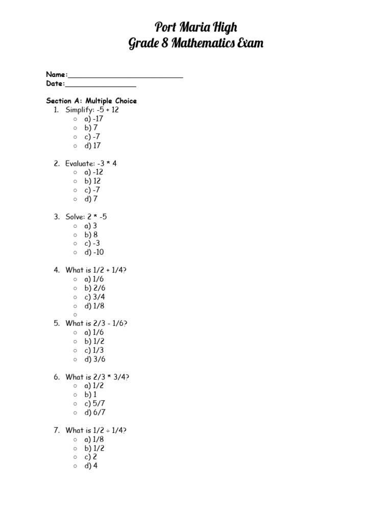 Mathematics Grade 8 Term 1 Exam | PDF | Odds | Arithmetic