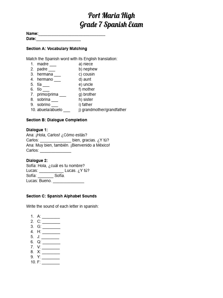 Grade 7 Spanish Exam Term 1 | PDF