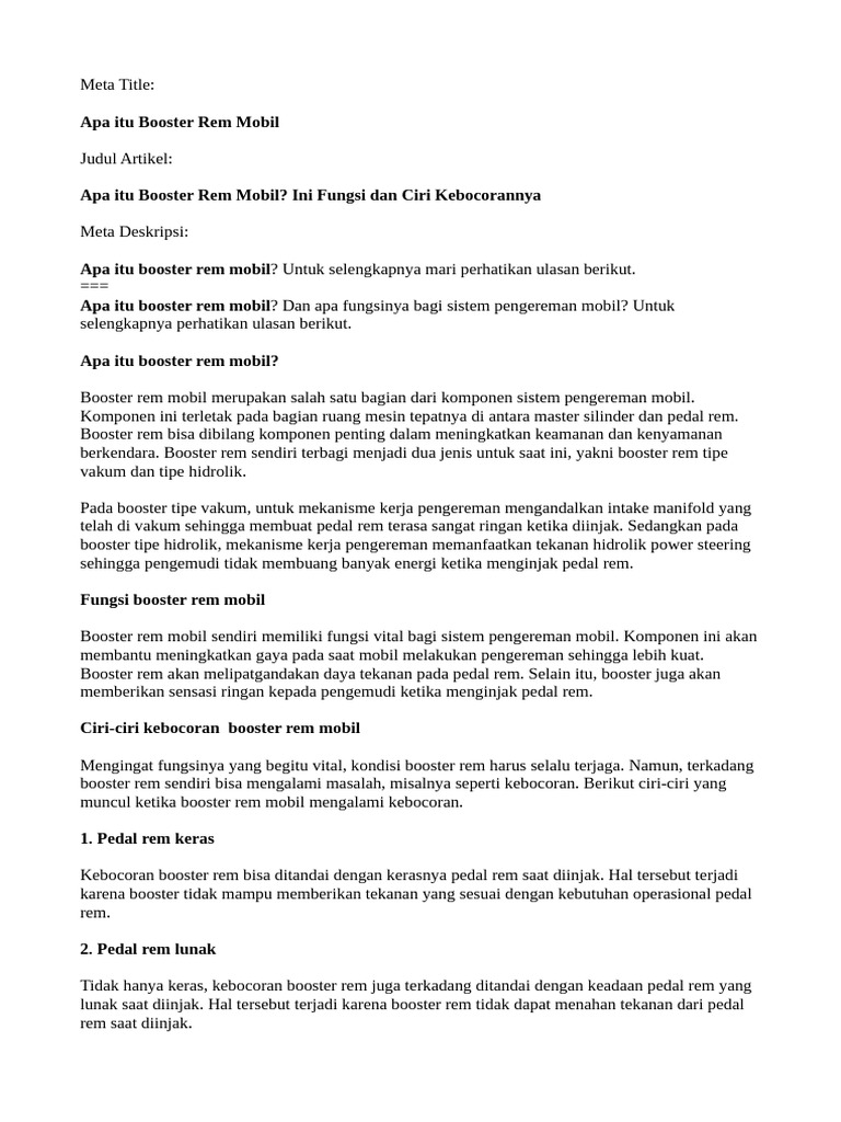 Fungsi dan Kebocoran Booster Rem Mobil | PDF