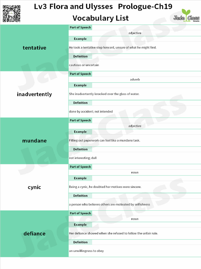 Lv3 Flora and Ulysses Prologue-Ch19 - Vocabulary List | PDF