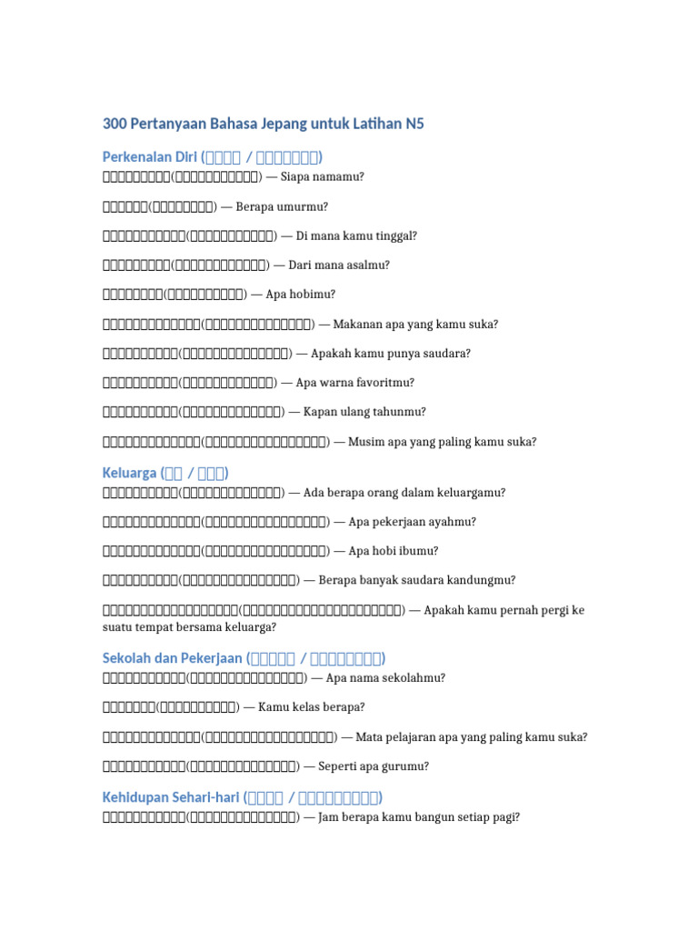 Latihan N5 Pertanyaan Jepang | PDF
