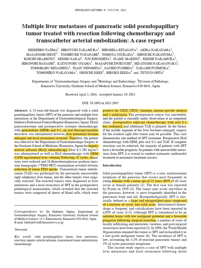 Multiple Liver Metastases of Pancreatic Solid Pseudopapillary | PDF | Pancreatic Cancer | Metastasis