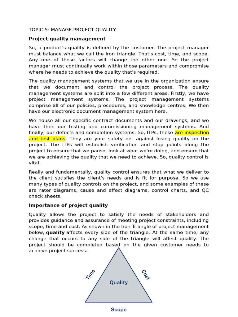 TOPIC 5 Manage Project Quality | PDF | Performance Indicator | Quality ...