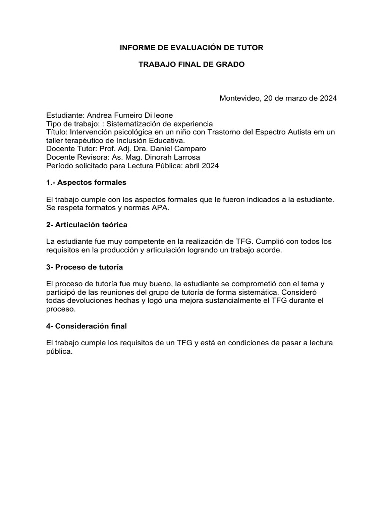 Informe de Evaluacion de Tutor Andrea Fumeiro | PDF | Crecimiento personal y profesional
