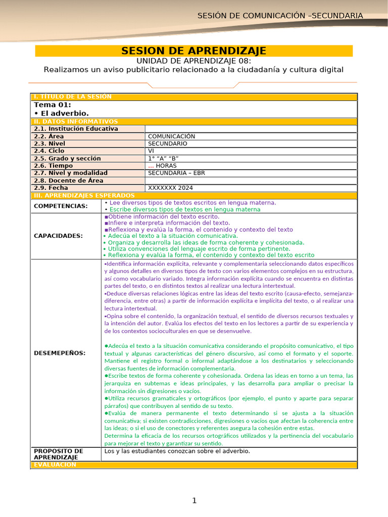 1° Sesion Actv 01 Comunicación 2024 | PDF | Adverbio | Lingüística