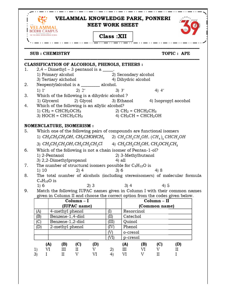APE - Chemistry NEET Worksheet | PDF | Ether | Ethanol