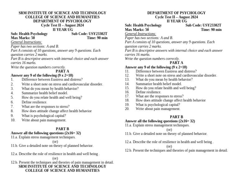 Cycle Test 2 Health. Psy. | PDF | Stress (Biology) | Psychological ...