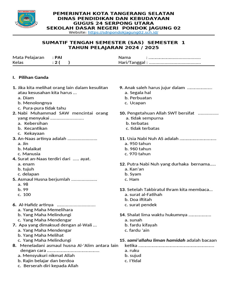 Soal SAS PAI Kelas 2, SMT 1 - 2024-2025 | PDF