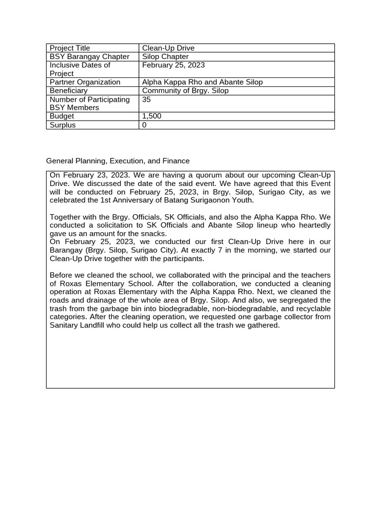 Brgy. Silop Clean-Up Drive Summary | PDF | Community | Sustainability