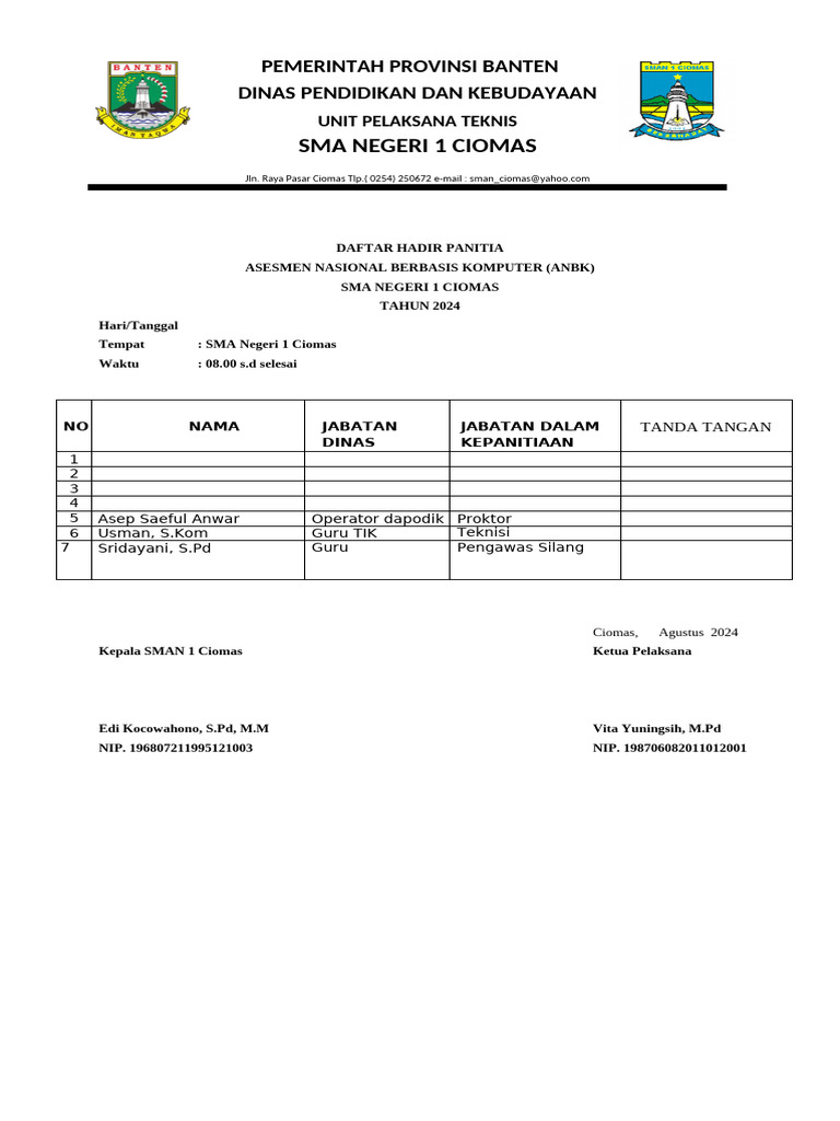 Daftar Hadir Pengawas Anbk 2024 | PDF