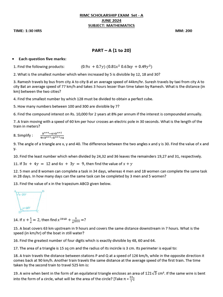 RIMC MATHS Question Paper | PDF | Area