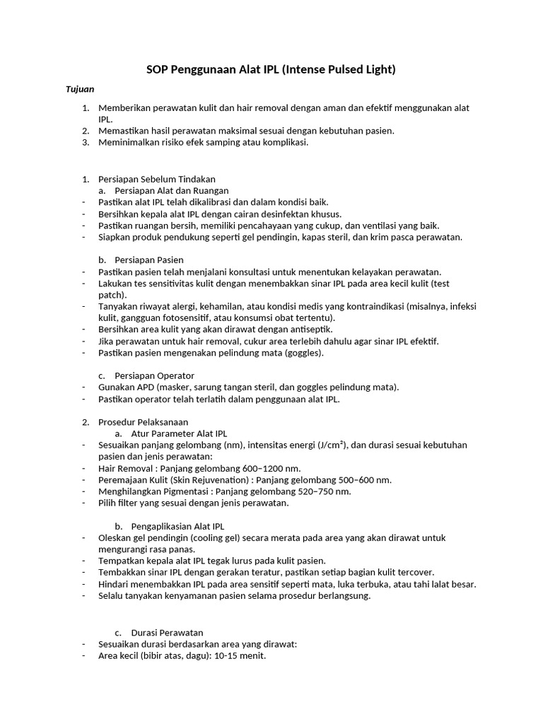 SOP Penggunaan Alat IPL | PDF | Kesehatan Holistik | Teknologi & Rekayasa