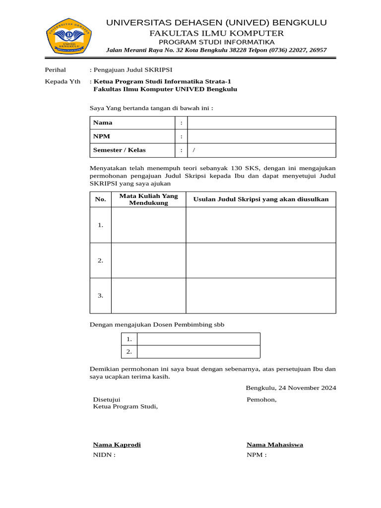 Lembar Pengajuan Judul Skripsi | PDF