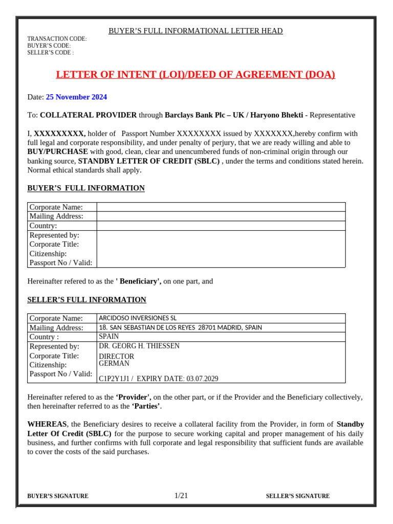 Barc-SBLC - LOI or DOA For PURCHASE (40+2% 20241103) | PDF | Letter Of ...